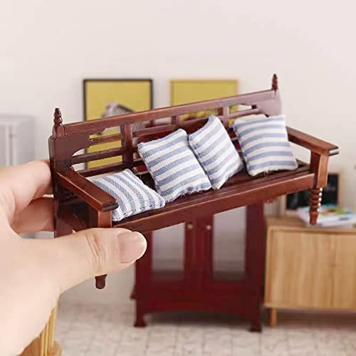 1:12 Miniature Bench Couch Sofa Vintage Wooden Recliner Chair with Cushions Mini House Furniture Accessories