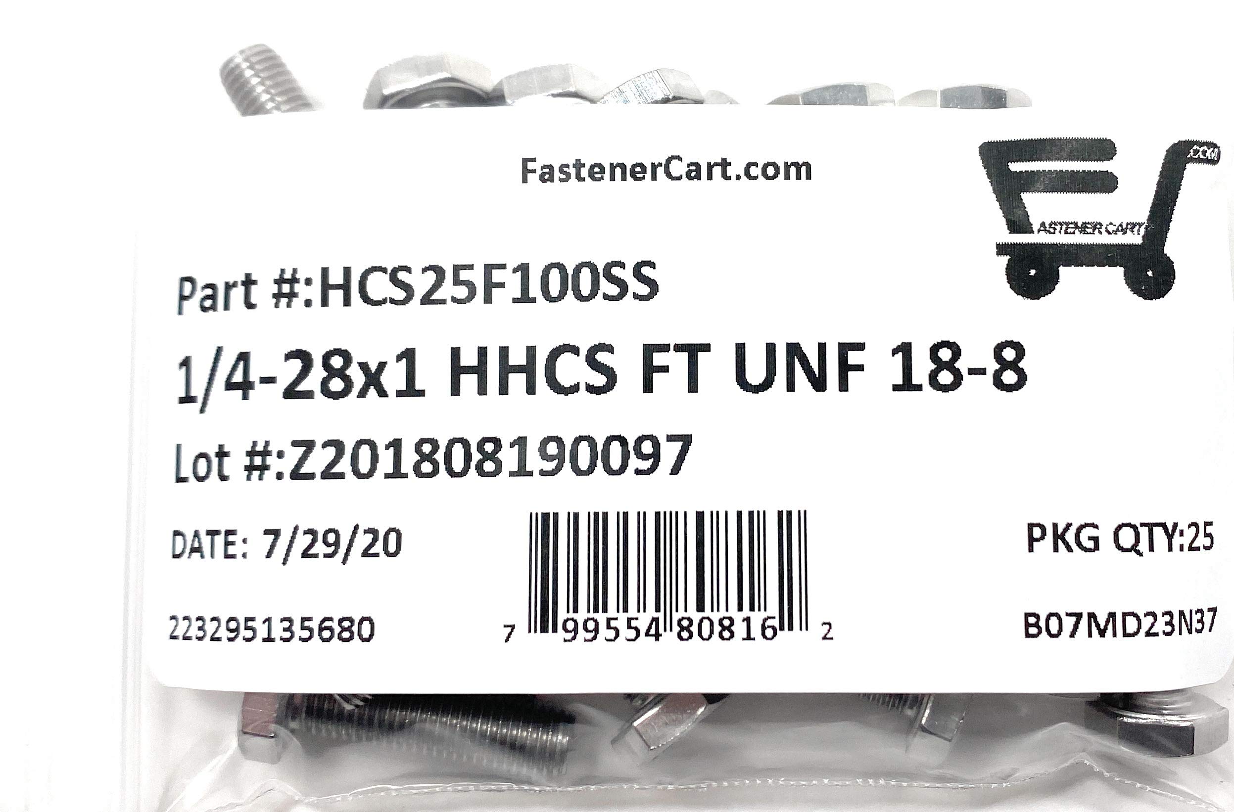 1/4-28x1 Stainless Steel Hex Cap Screws FT Hex Bolts 18-8 (UNF) FINE Thread (25 Pieces)
