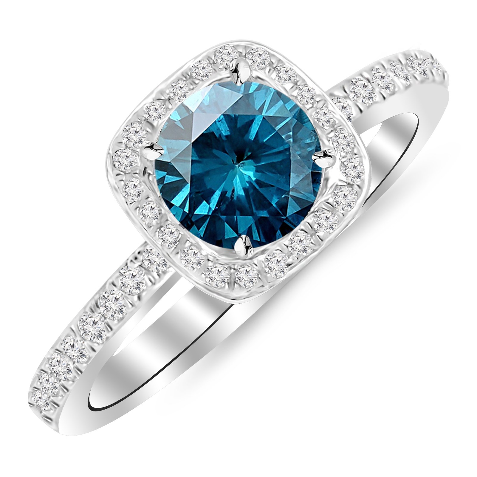 1.25 Carat 14K White Gold Classic Halo Style Cushion Shape Diamond Engagement Ring with a 1 Carat Blue Diamond Center (Heirloom Quality)