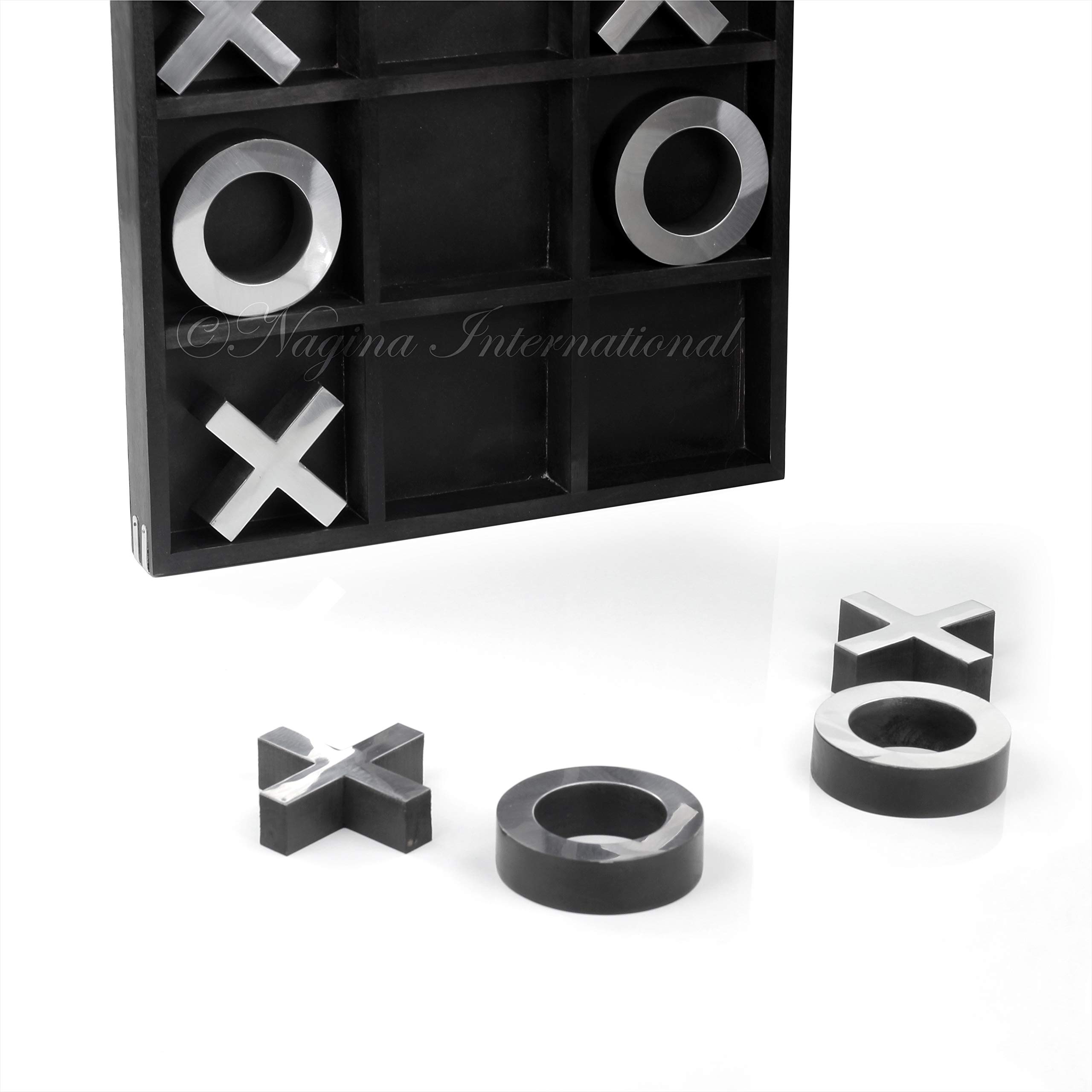 14" Large Elegant Premium Black Tic Tac Toe Board Game | Wooden Puzzle Game | Coffee Table Wooden Decor & Games with Nickel Sheathed Pieces