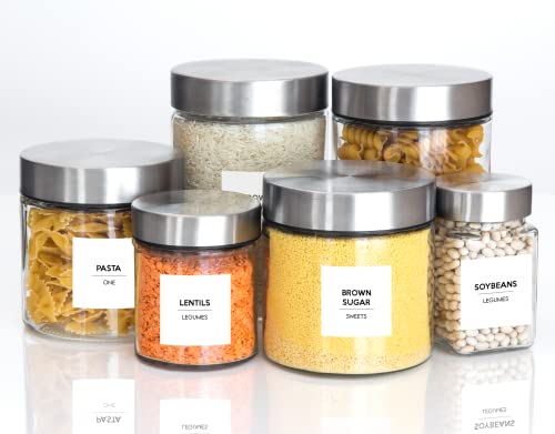 144 Pantry Labels for Food Storage Containers, Waterproof Printed on Vinyl Labels, Household Stickers + Numbers, Minimalist Kitchen, Water Resistant, Organization for Jars and Canisters