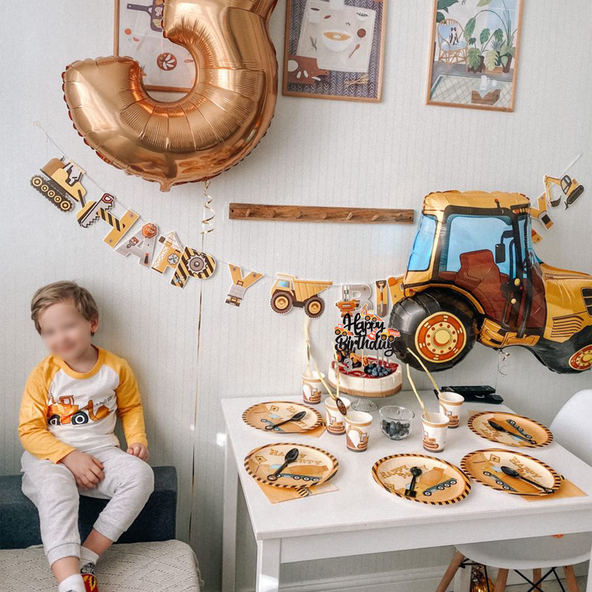 1 PCS Construction Happy Birthday Cake Topper Glitter Construction Cake Pick Dump Truck Excavator Tractor Cake Decorations for Construction Theme Baby Shower Kids Birthday Party Supplies Black