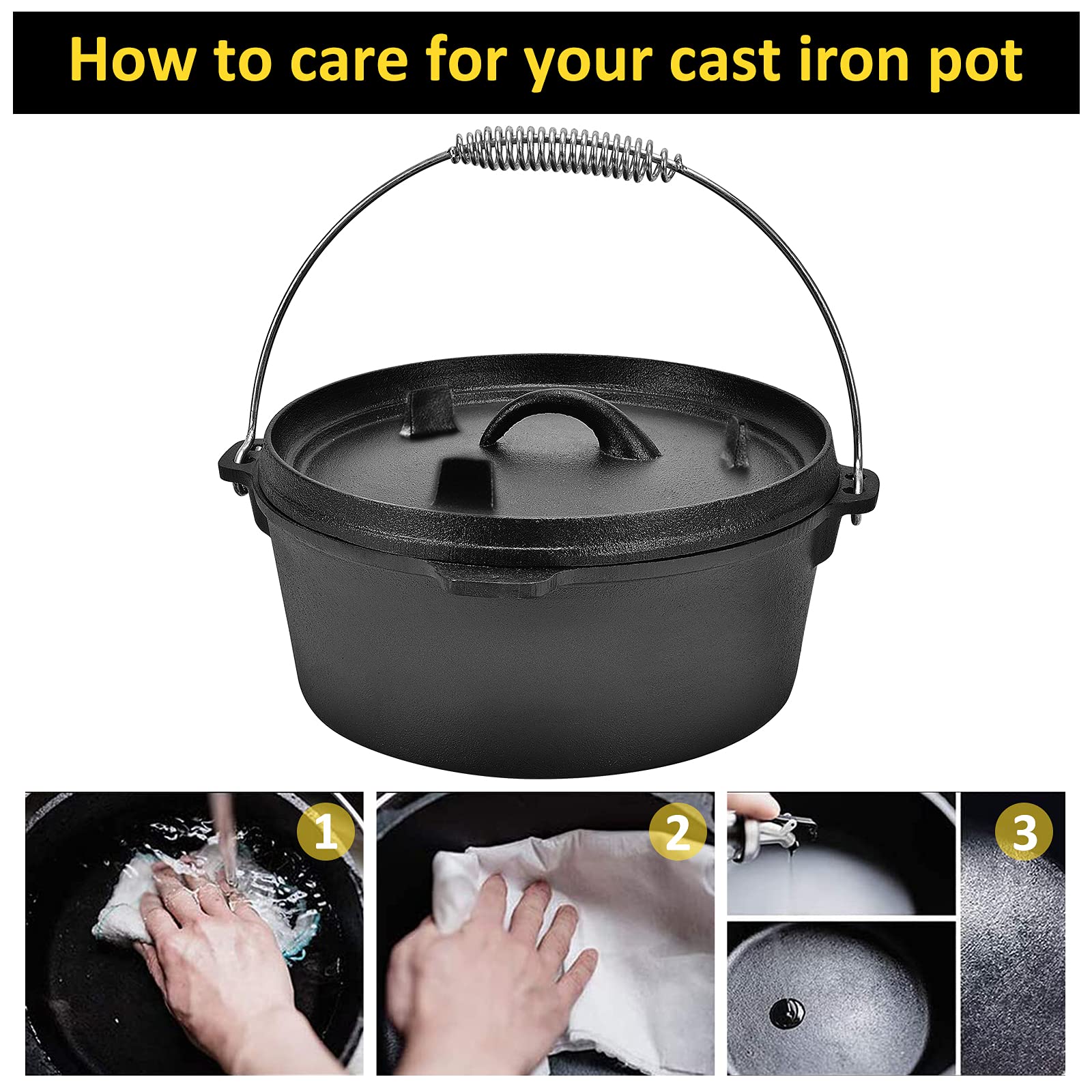 10 Quart Cast Iron Dutch Oven Pre-seasoned Pot with Lid Lifter Handle, Casserole Pot with Lid Lifter for Camping Cooking BBQ Baking