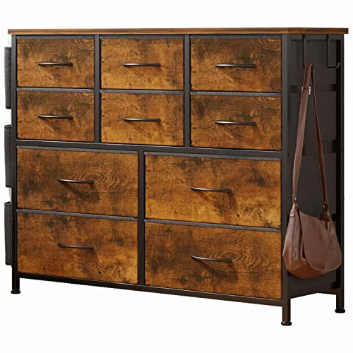 10 Drawers Fabric Dresser Storage Drawers, Tall Dresser with Sturdy Frame&Wooden Top, Organizer Unit for Closet, Living Room, Entryway, Hallway, Rustic Brown