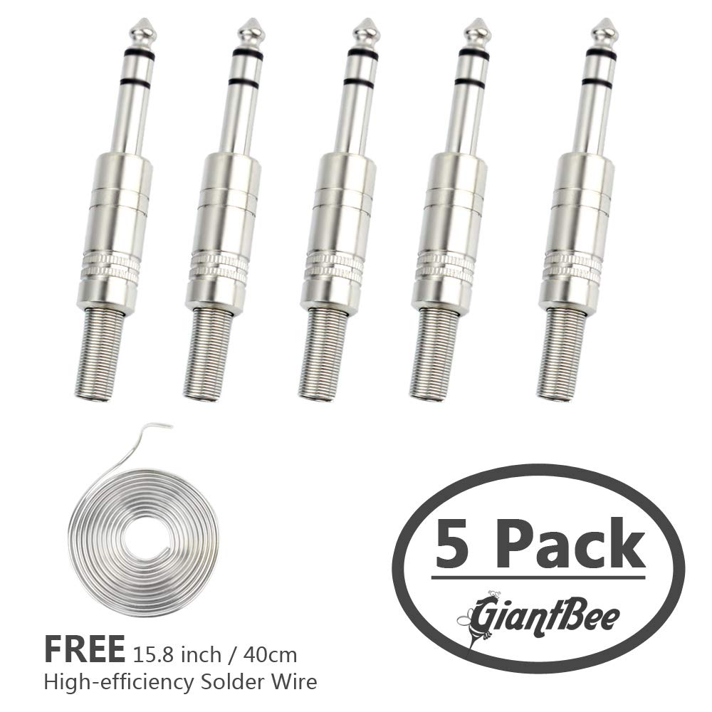 1/4" Audio Plugs 6.35 mm Plug TRS Male 1/4 inch Solder Type Stereo Plug Straight Design Connector with Spring for DJ Mixer Speaker Cables Guitar Cables Phono Patch Cable Microphone Cables (5 Pack)