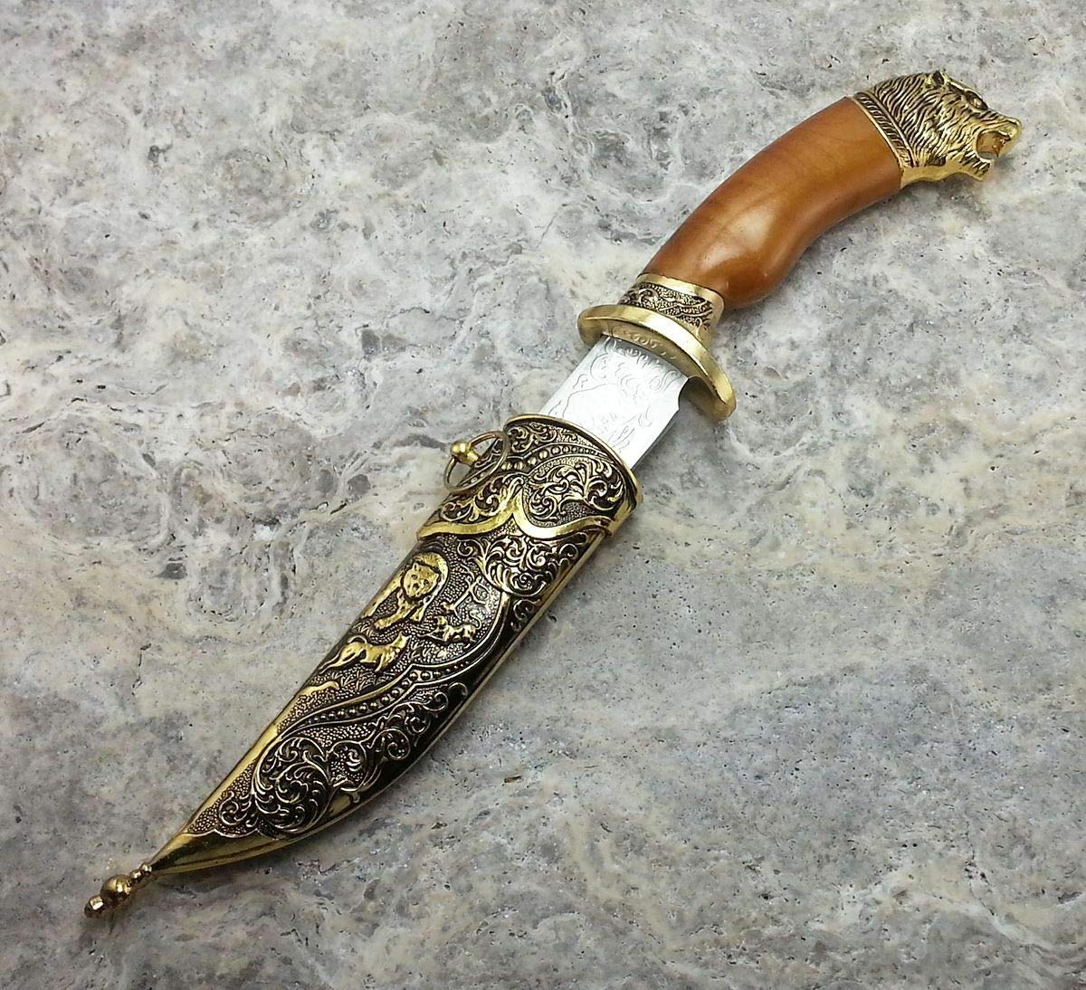 11" Bear Head Golden Fixed Blade Collectors Survival Hunting Knife W/Decorative Sheath by Survival Steel
