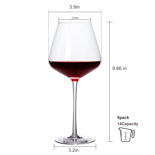 14oz Red Wine Glasses Set of 6,Clear Crystal Burgundy Glasses for Wine Tasting,Luxury Long Stem Glassware Modern Wine Glasses for Anniversary,Wedding,Birthday