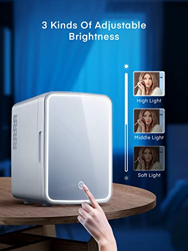 10 Liter/11 Can Mini Skincare Fridge with 3-Mode LED & Mirror, 110V AC/12V DC Portable Cooler & Warmer Small Refrigerator for Skin Care Cosmetic Makeup, Perfect for Office Bedroom Dorm Car, White