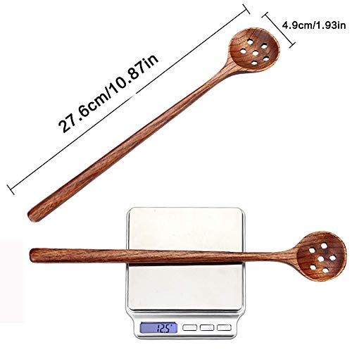 1 PC Korean Style 10.9" Long Handle Wooden Round Slotted Spoons for Jam Olive
