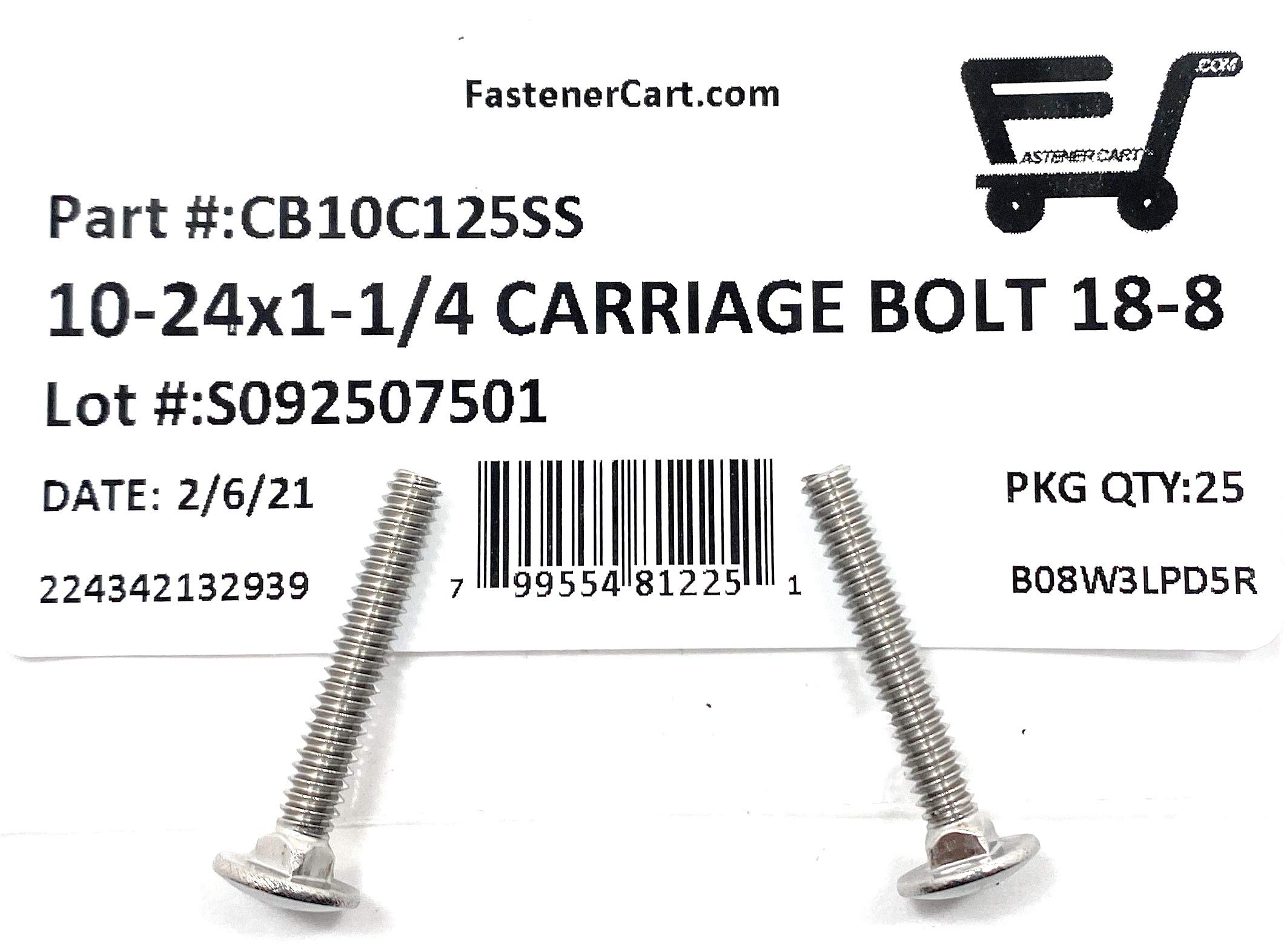 10-24x1-1/4 Carriage Bolts Stainless Steel 18-8 (25 Pieces)