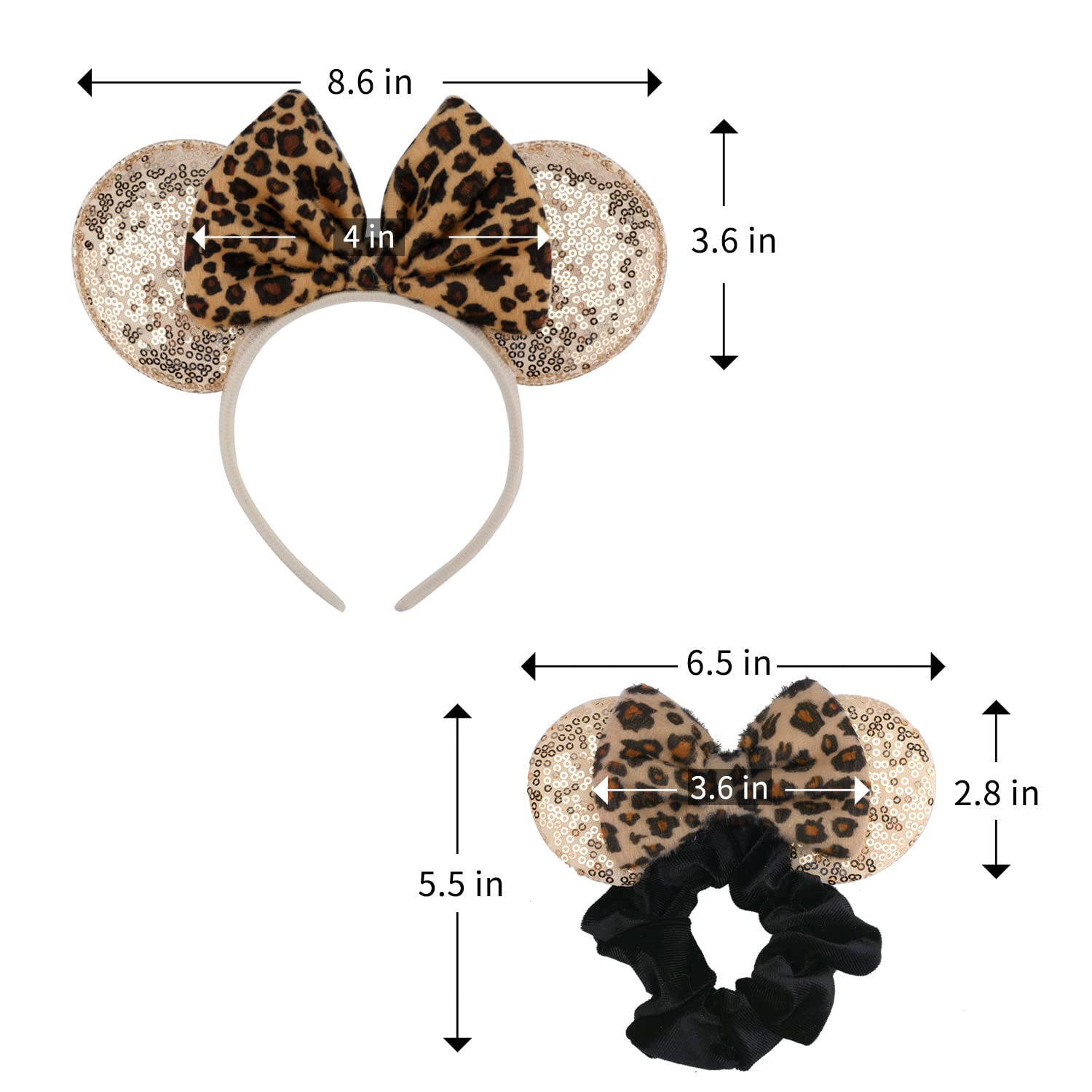1 Pcs Mouse Ears Headband and 1 Pcs Mouse Ears Scrunchies with Bow Hairs Accessories for Girls Women Boys Birthday Party (Leopard)