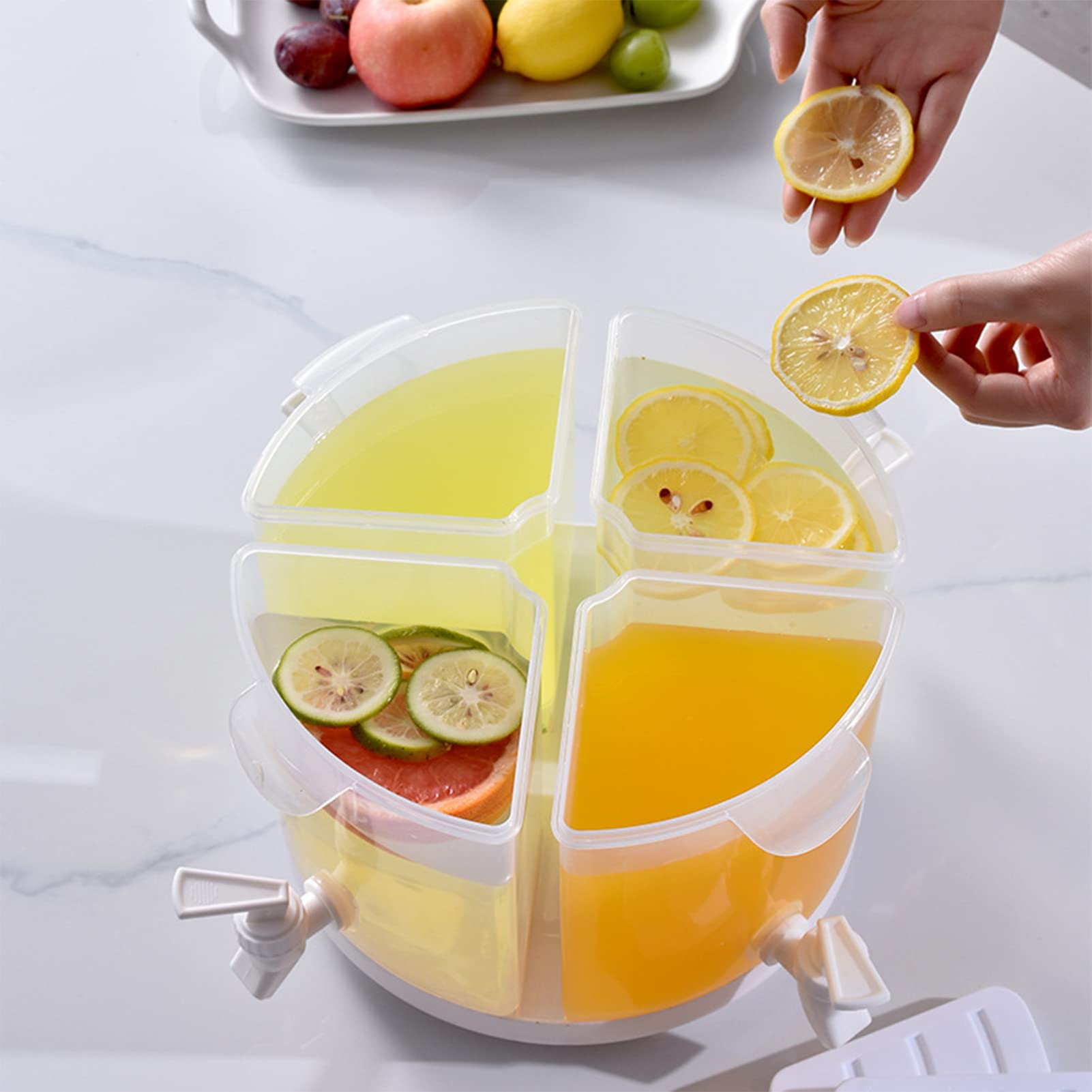 1.45 Gallon Beverage Dispenser for Fridge, Rotate 360° Removable 4-Grid Plastic Drink Dispenser, Clear Refrigerator Juice Dispenser with Lid and Spout for Lemonade, Tea, Cold Water