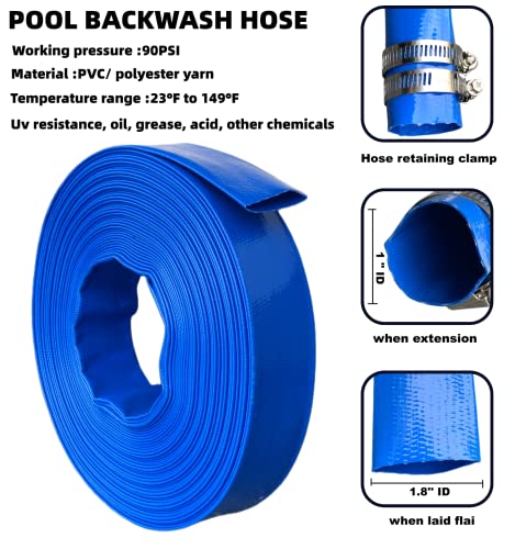 1 IN x 50 FT Pool Backwash Hose, Heavy Duty Flat Discharge Hose, Weather and Burst Resistant, Best Pool Hoses for Inground Pools, Pool Filter Hose & Pool Drain Hose