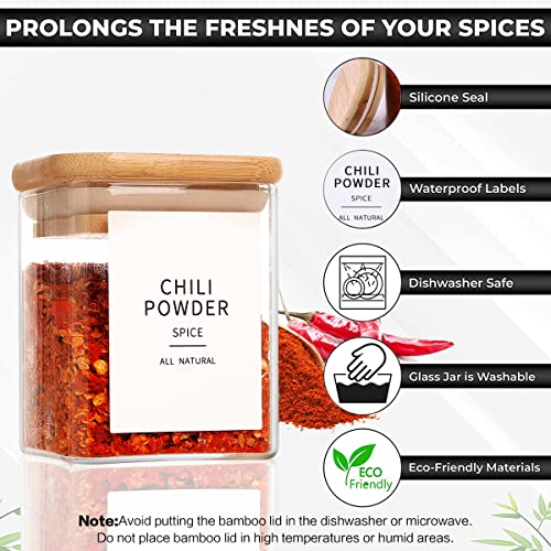 12 Pcs Square Glass Spice Jars with Natural Bamboo Lids - 5oz Airtight Herb Containers with 148 Waterproof Minimalist Spice Labels Preprinted - Empty Small Seasoning Jars for Kitchen Pantry Organization and Storage