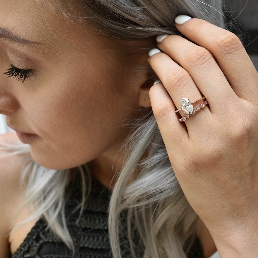 1.5 Carat Moissanite Oval Cut Forever Classic Engagement Ring Solid Gold Plain Ring Band 14K Rose Gold Bridal Ring Stackable Brilliant Ring