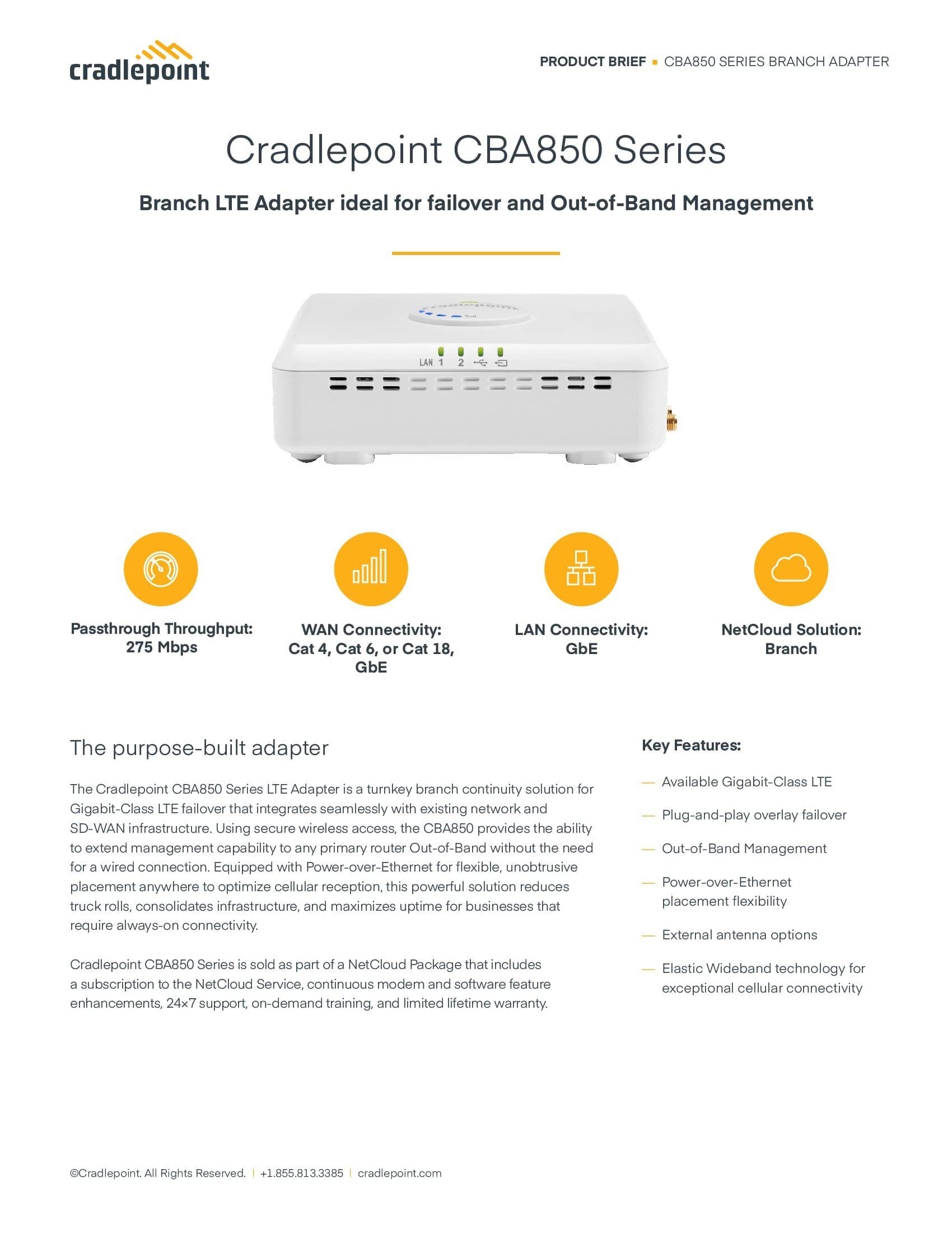 1-yr NetCloud Essentials for Branch LTE Adapters with Support and CBA850 Adapter (LP6 Modem)