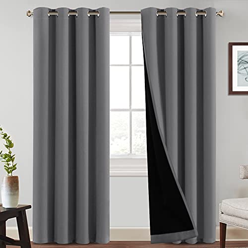 100% Blackout Curtains with Black Liner Backing Thermal Insulated Curtains for Living Room Noise Reducing Drapes for Patio Sliding Glass Door Durable Grommet Curtains 2 Panels (52x84 inch, Grey)