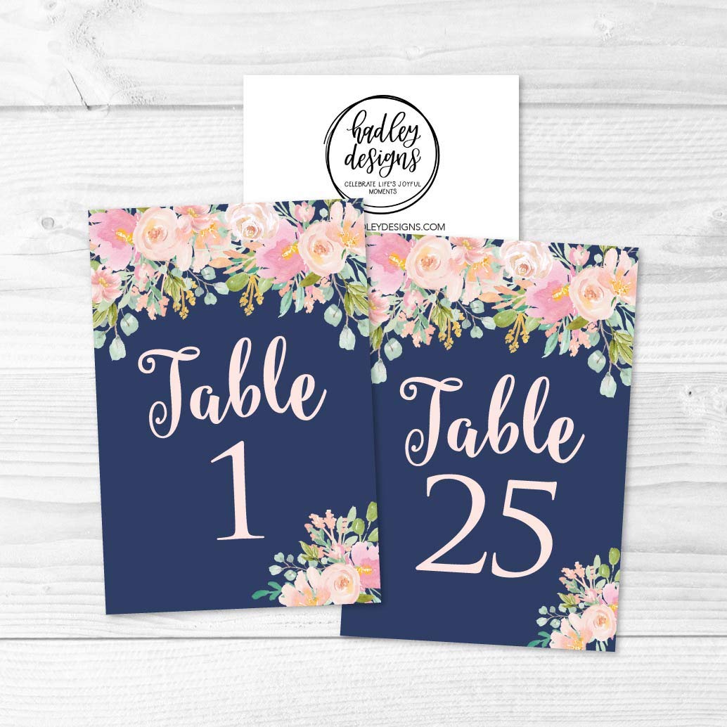 1-25 Navy Blush Floral Table Number Double Sided Signs For Wedding Reception, Restaurant, Birthday Event, Calligraphy Printed Numbered Card Centerpiece Decoration Setting Reusable Frame Stand 4x6 Size