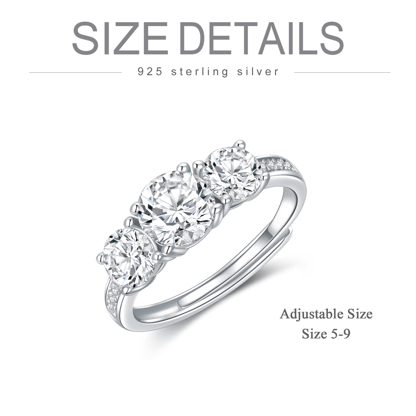 1 .15 Carat (ctw) 3-Stone Moissanite Adjustable Engagement Rings for Women Platinum Plated Silver Moissanite Rings (Adjustable size 5-9)
