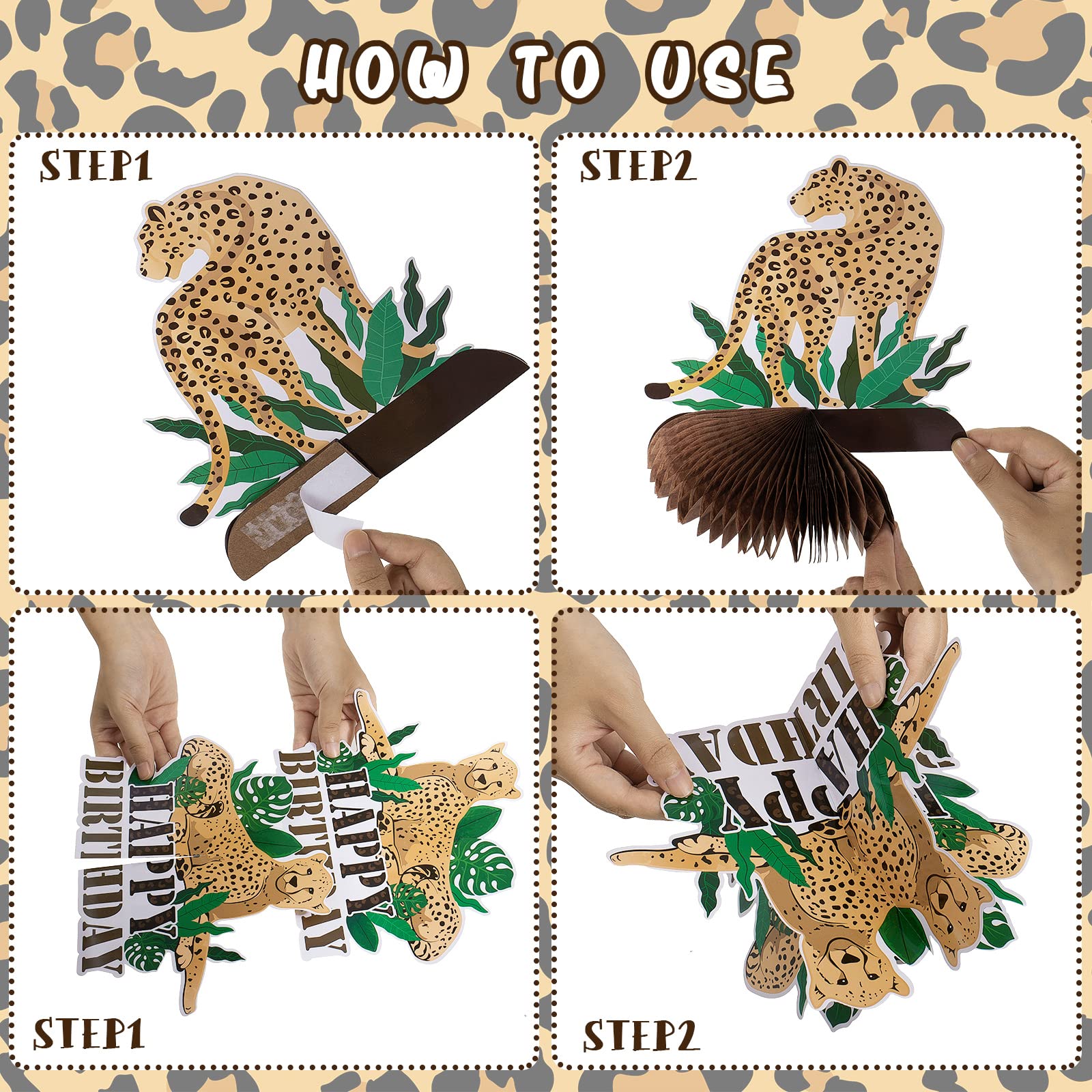 10 Pcs Leopard Birthday Decorations Leopard Table Centerpiece 3D Jungle Honeycomb Centerpieces Cheetah Birthday Decorations Cheetah Party Decorations for Jungle Happy Birthday Party Baby Shower