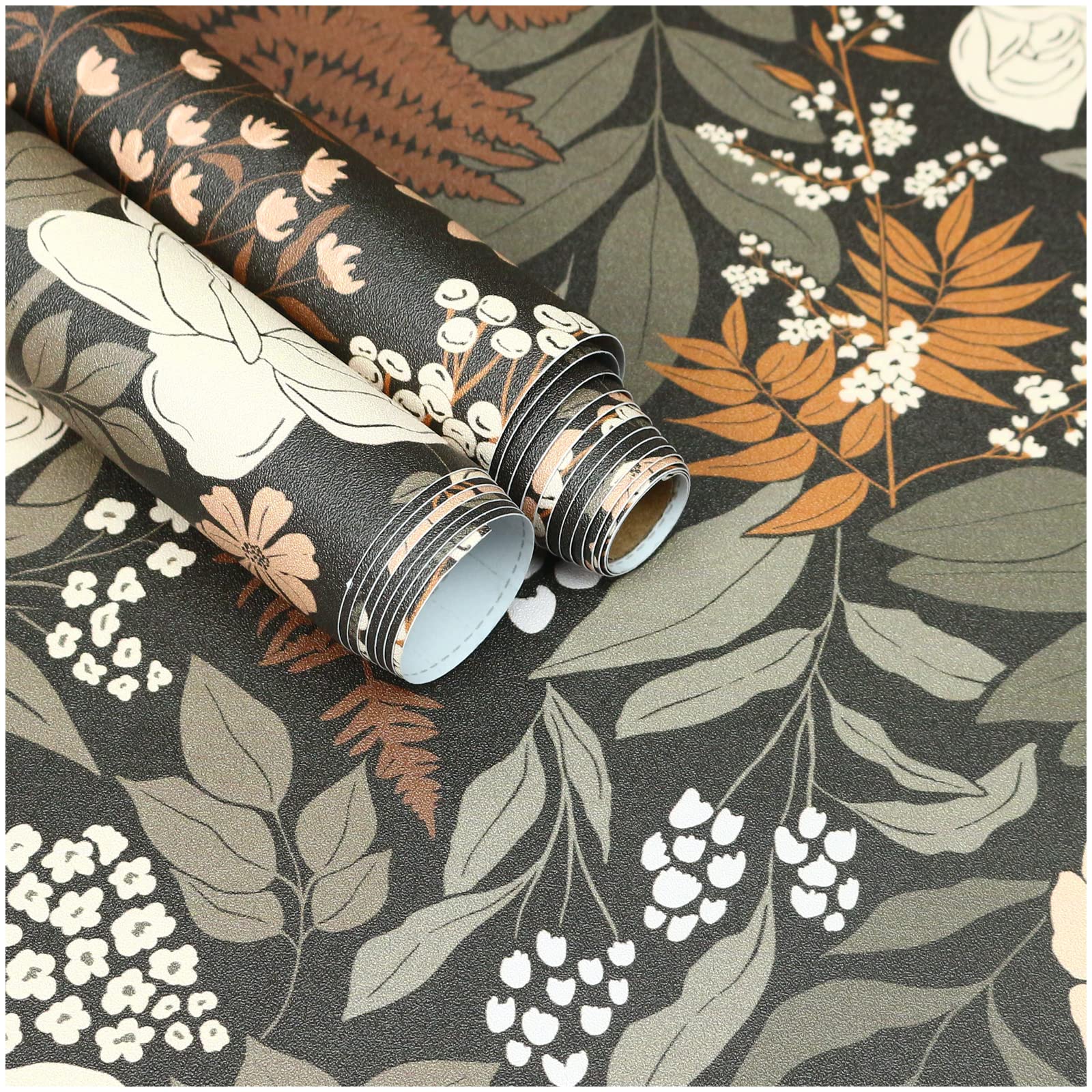 HAOKHOME Peel and Stick Wallpaper Floral Vintage Removable Rose Leaf Black/Brown/Beige Stick on Mural 17.7in x 9.8ft