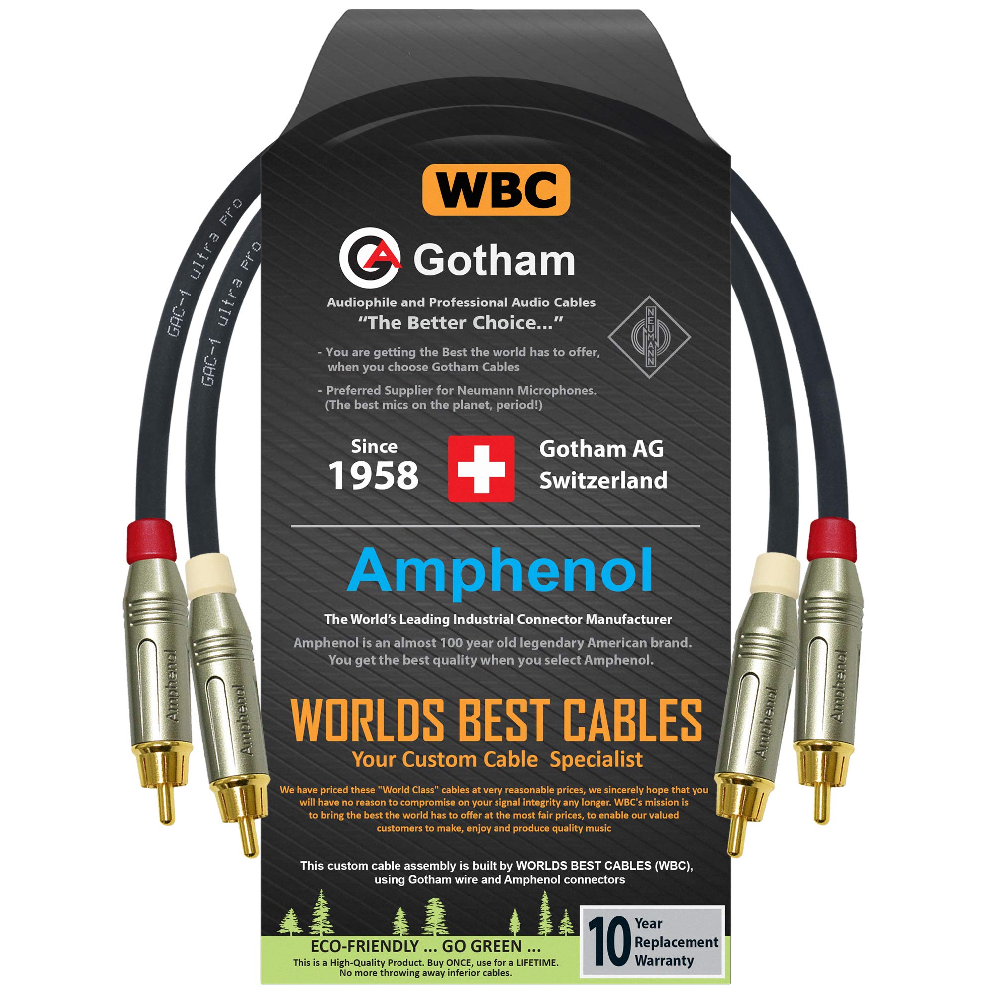 1.5 Foot RCA Cable Pair - Gotham GAC-1 Ultra Pro - Low-Cap (21pF/ft) Audio Interconnect Cable with Amphenol ACPR Die-Cast, Gold Plated RCA Connectors