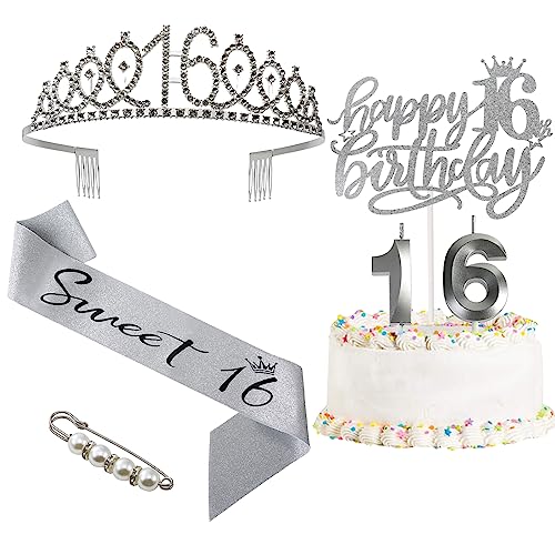 16th Birthday Decorations for Girls,Silver 16 Birthday Crown Tiara ,Cake Topper, Birthday Sash with Peal Pin and Birthday Candles Kit,16th Birthday Gifts for Girls