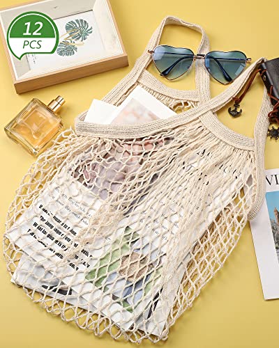 12 Pieces Reusable Mesh Grocery Bags Portable Cotton Mesh Produce Bags Washable Net Bag Mesh Reusable Tote Bag with Handle String Shopping Organizer Bag for Fruit Vegetable Shopping Storage Market
