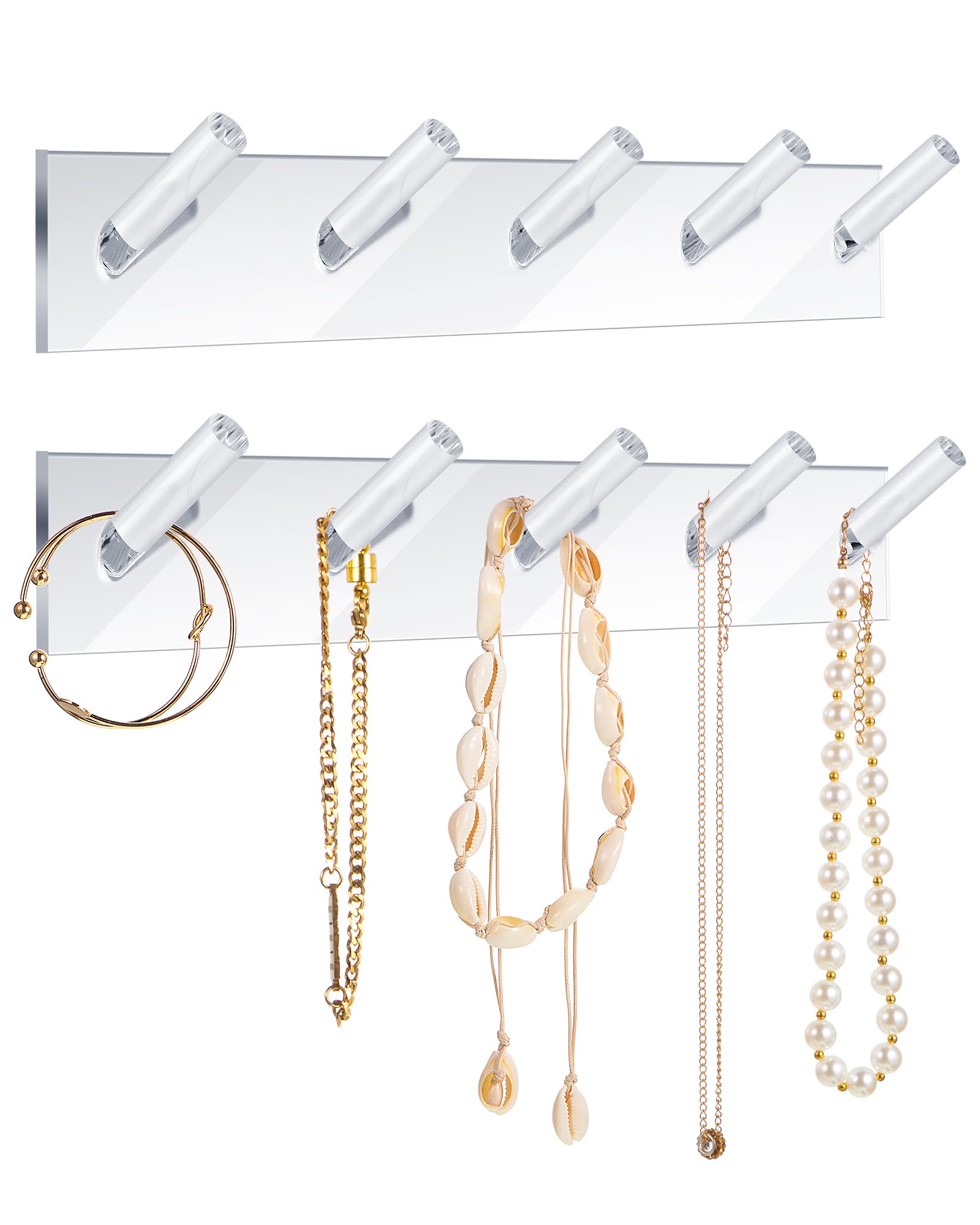 1 Pcs Acrylic Wall Mounted Necklaces Organizer with 6 Hooks Clear Adhesive Jewelry Wall Mount Hanging Hooks for Necklaces Bracelets Rings Chains