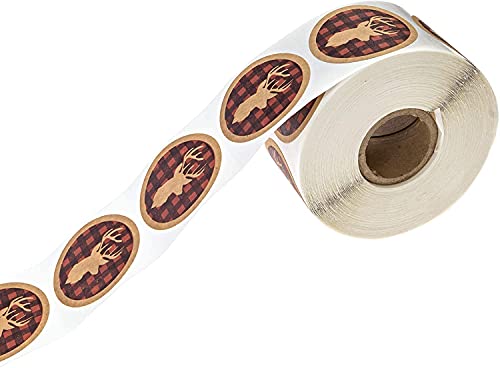 1.5" Round Kraft Buffalo Plaid Deer Head Holiday Label / 500 Northwoods Christmas Holiday Seal