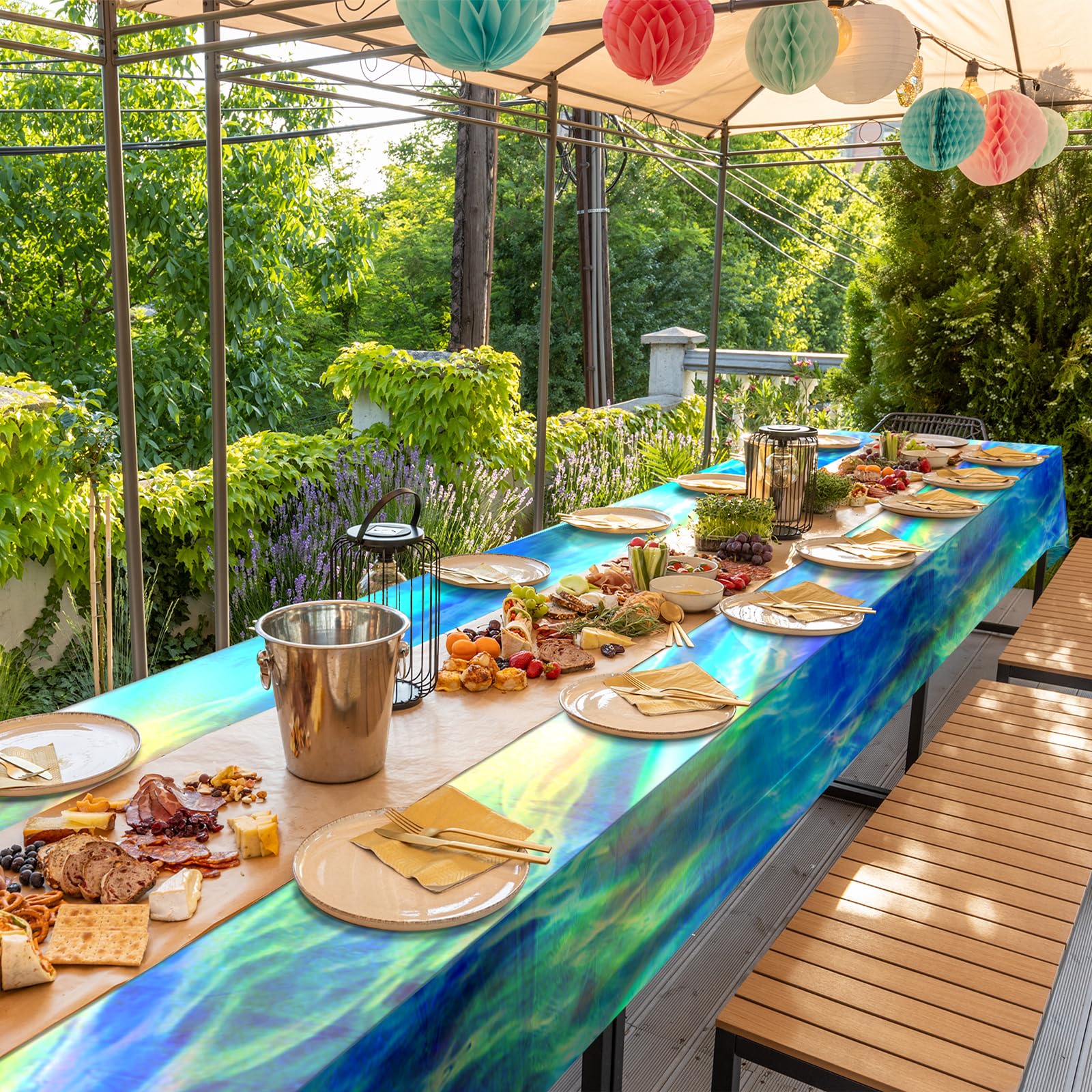1 Roll 1200 Inch X 54 Inch Iridescent Under The Sea Tablecloth Ocean Wave Tablecloth Plastic Disposable Iridescent Table Covers Backdrop for Ocean Under The Sea Mermaid Pool Beach Party Decorations