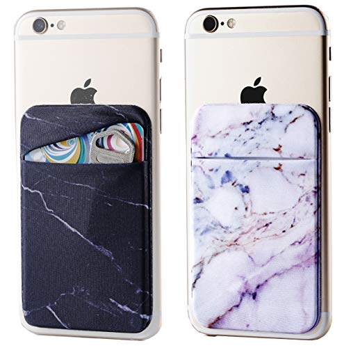 2Pack Marble Adhesive Phone Pocket,Cell Phone Stick On Card Wallet Sleeve,Credit Cards/ID Card Holder(Double Secure) with Sticker for Back of iPhone,Android and All Smartphones-Black&Purple Marble