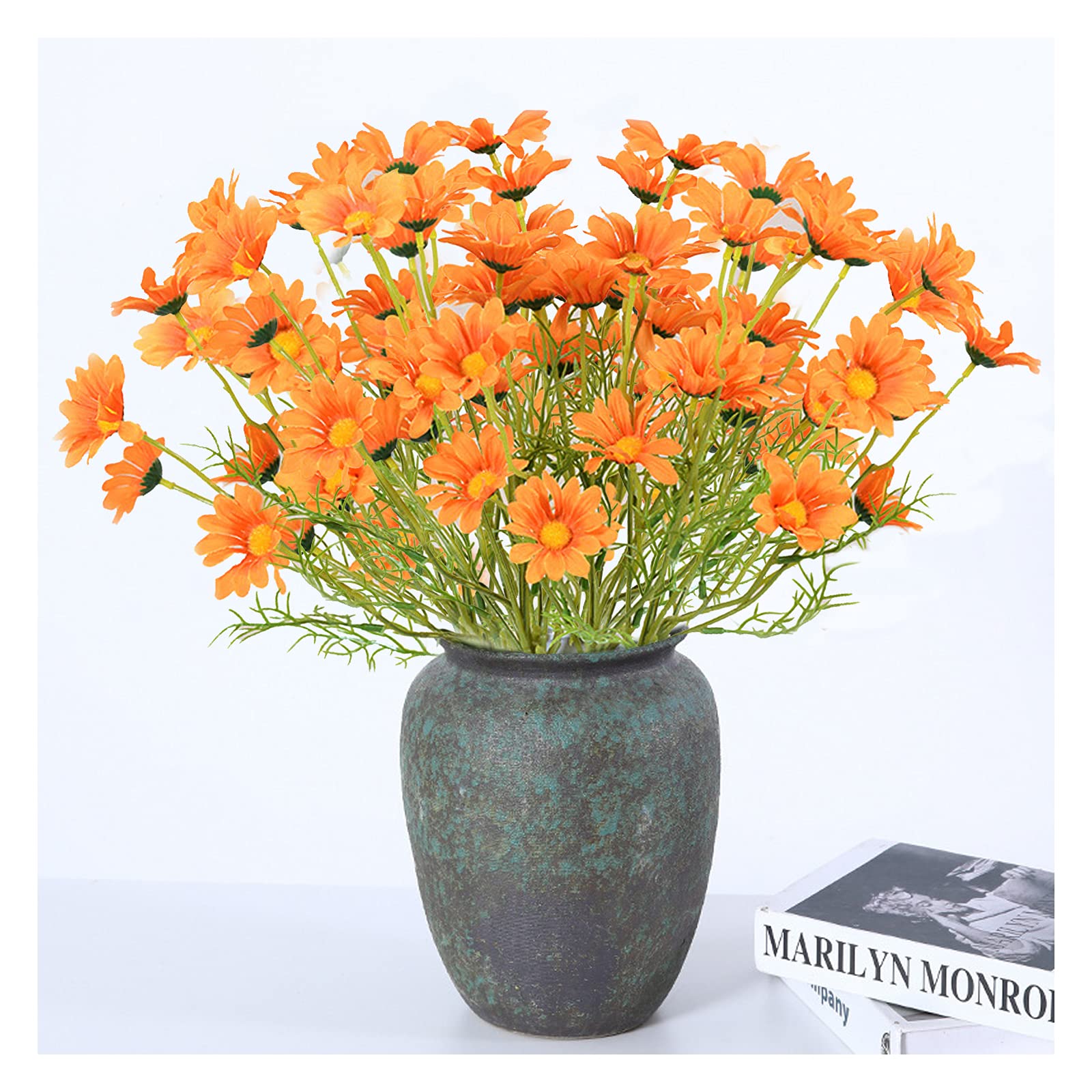 10 Bundles Fake Daisy Mums Artificial Flowers for Outdoors Decoration Uv Resistant Faux Flowers Greenery Shrubs Plants for Hanging Planter Home Wedding Office Garden Outside Decor (Orange)