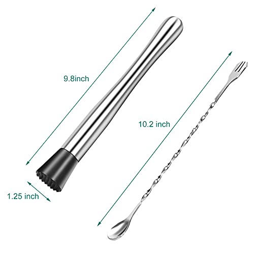 10 Inch Stainless Steel Cocktail Muddler and Mixing Spoon Professional Home Bar Tool Set