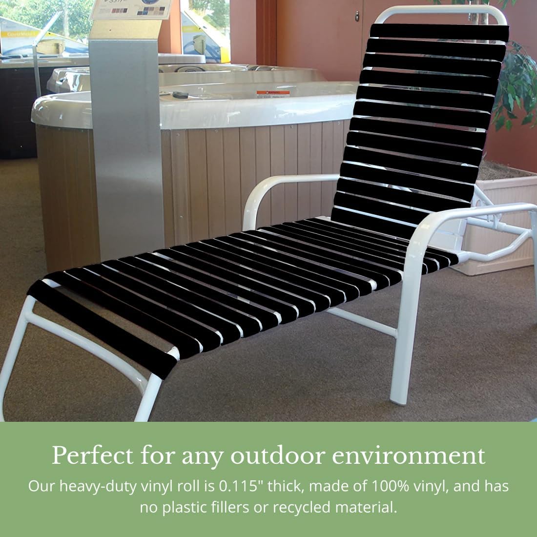 1.5" Wide x 20' Roll Vinyl Strap for Patio Chairs, Lawn Furniture, and Deck Chairs, Make Your Own Replacement Straps, Plus 20 Free Fasteners, (Black)