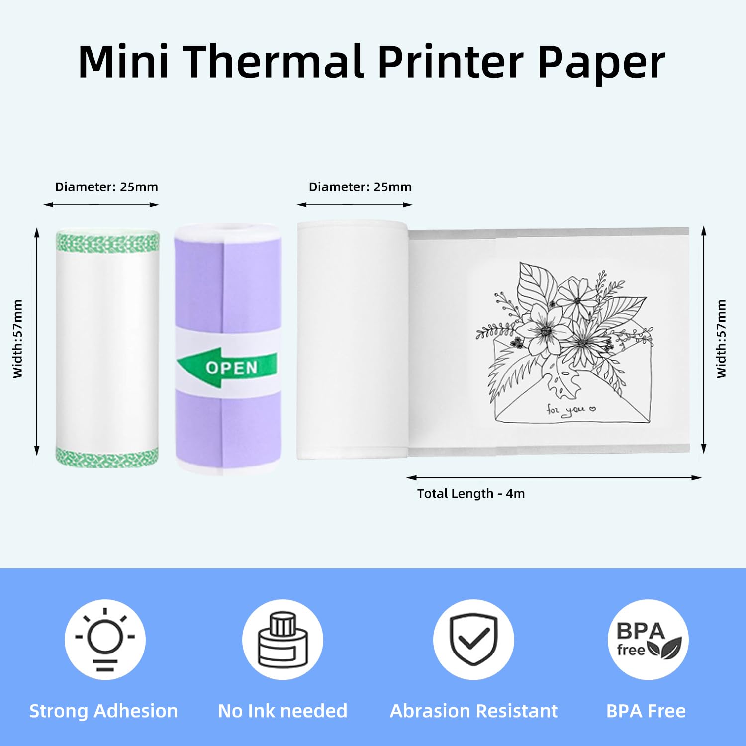 10 Rolls mini printer paper,for Inkless Mini Pocket Printer,Portable Thermal Printer, Sticker Printer Paper,Including 5 rolls of adhesive thermal Paper for Photo Journal Notes Memo, 57x25mm