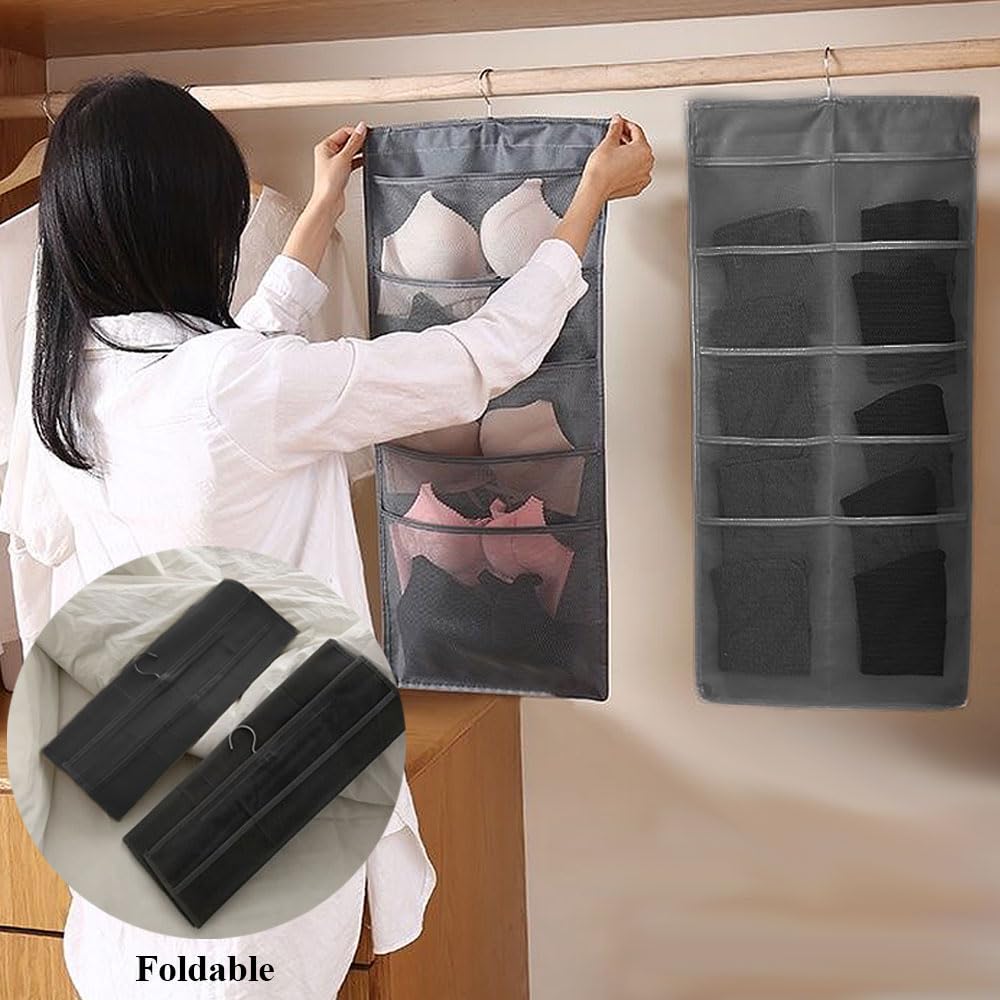 1 Pack Dual Sided Closet Hanging Organizer with Mesh Pockets & Metal Hanger, Wall Shelf Wardrobe Hanging Storage Bag for Bra Socks Underwear Storage, Space Saving Closet Hanging Shelves Storage(Grey)