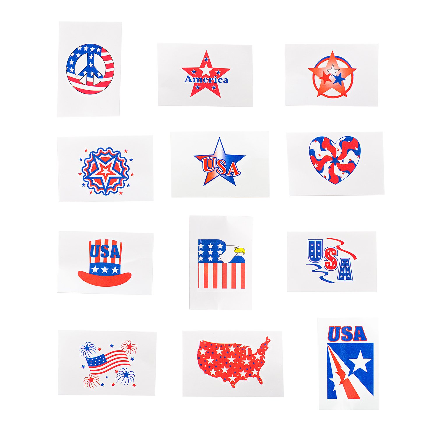 1.5" Patriotic American Flag Colorful Theme Washable Temporary Tattoos for Children & Adults, Face Art, Mini Stick Peel On & Off (144 Pieces)