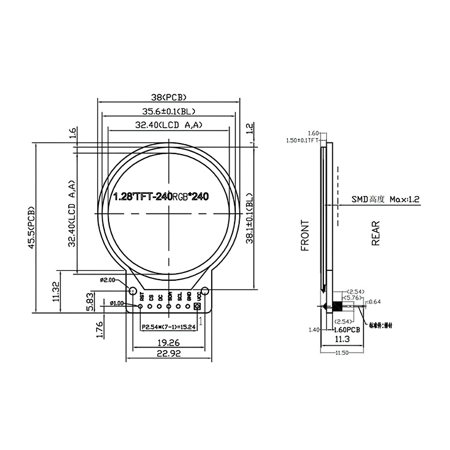 1.28 inch Round TFT LCD Display Module Round RGB IPS HD 240x240 Resolution GC9A01 Driver 4 Wire SPI Interface Adapter Board