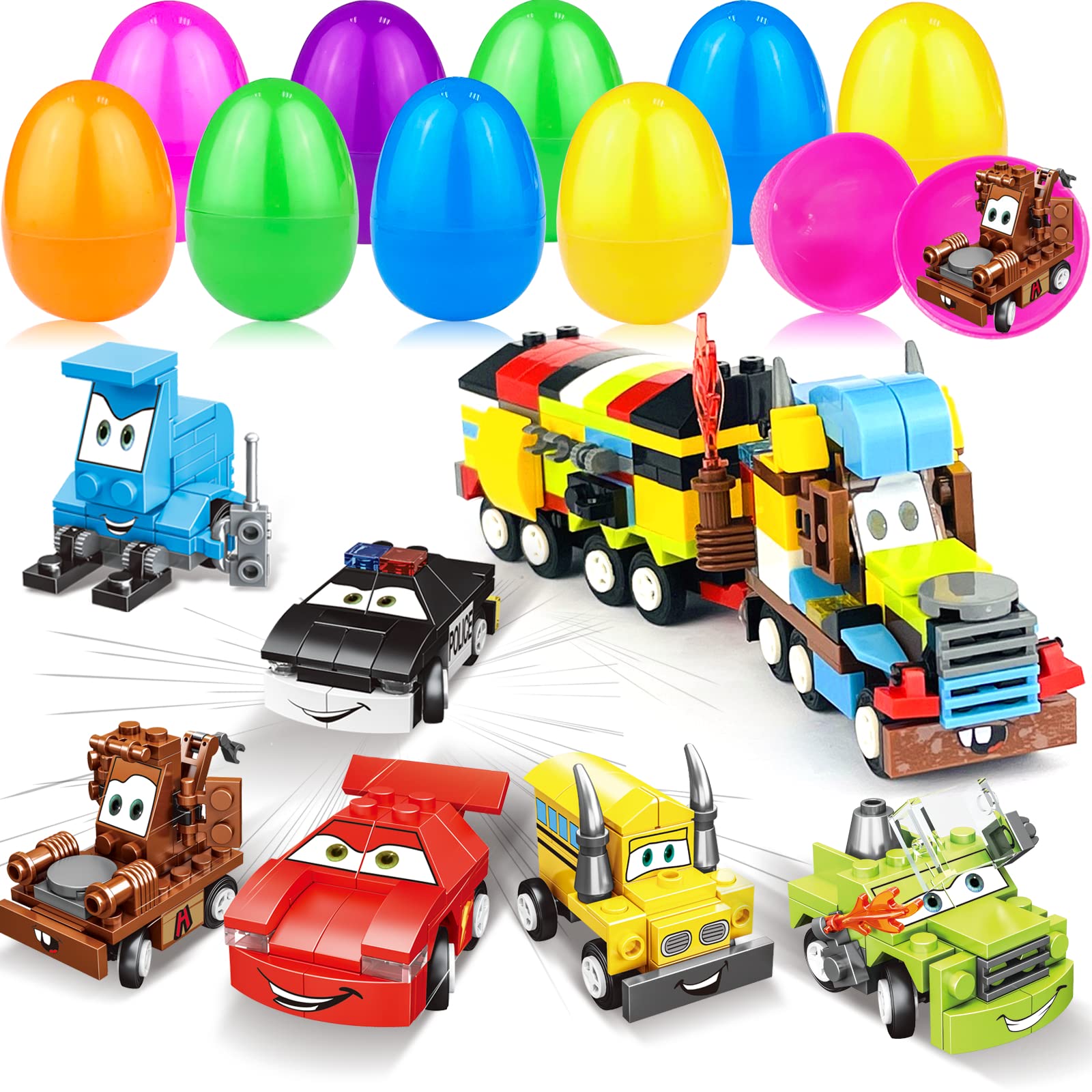 12 Pack 3" Large Filled Easter Eggs with Stem Toy Cars Kids Easter Basket Stuffers Plastic Surprise Egg Building Blocks 6 in 1 Transform Construction Vehicle Easter Toy Boys Girl Egg Hunt