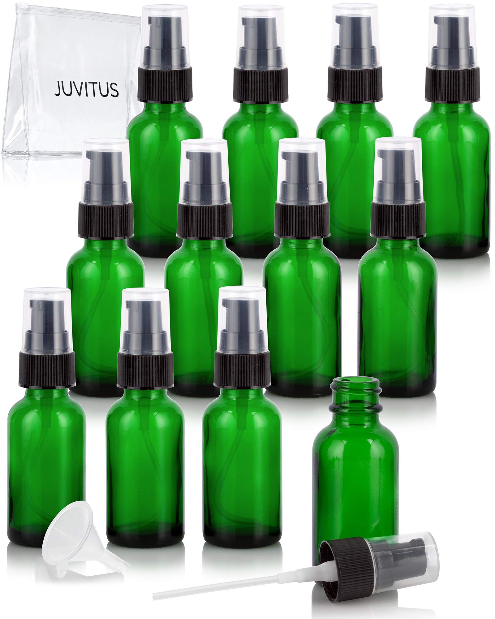 1 oz / 30 ml Green Glass Boston Round Bottle with Black Treatment Pump (12 Pack) + Clear Travel Bag and Funnel