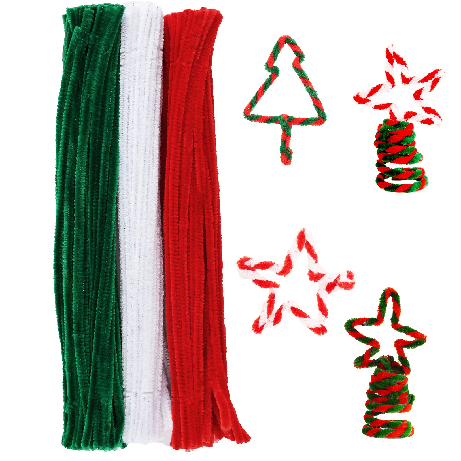 150 Pieces Christmas Pipe Cleaners Chenille Stem,50 White Craft Pipe Cleaners,50 Green Chenille Stems Pipe Cleaners, and 50 Red Pipe Cleaners for Arts and Crafts, Xmas Home Decoration