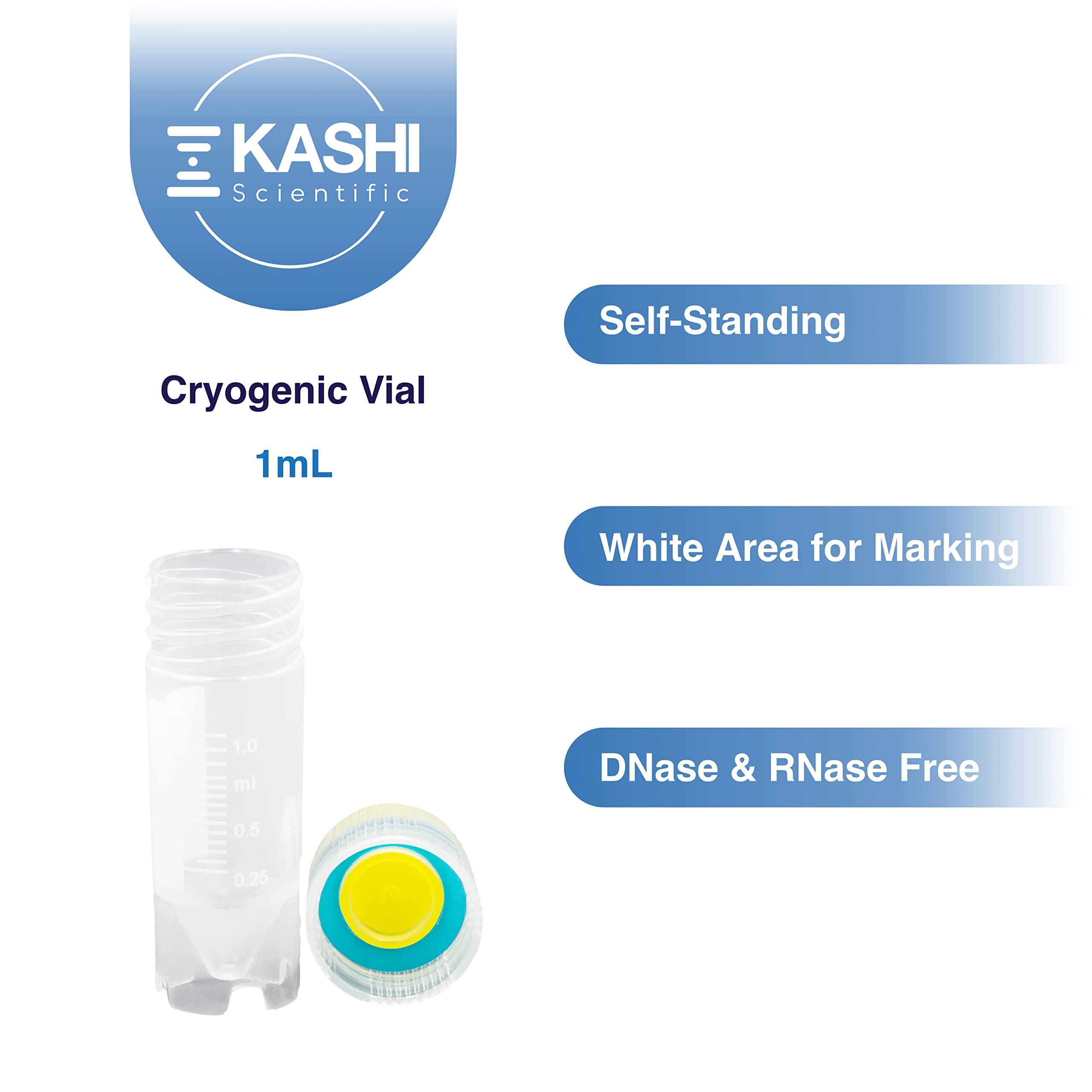 Kashi Scientific Screw Cap 1mL Cryovials with External Thread Cap - Self Standing Cryogenic Vial, Washer Silicone O-Ring, Cryogenic Tubes with Leak Resistance, Pack of 100 Cryo Tubes