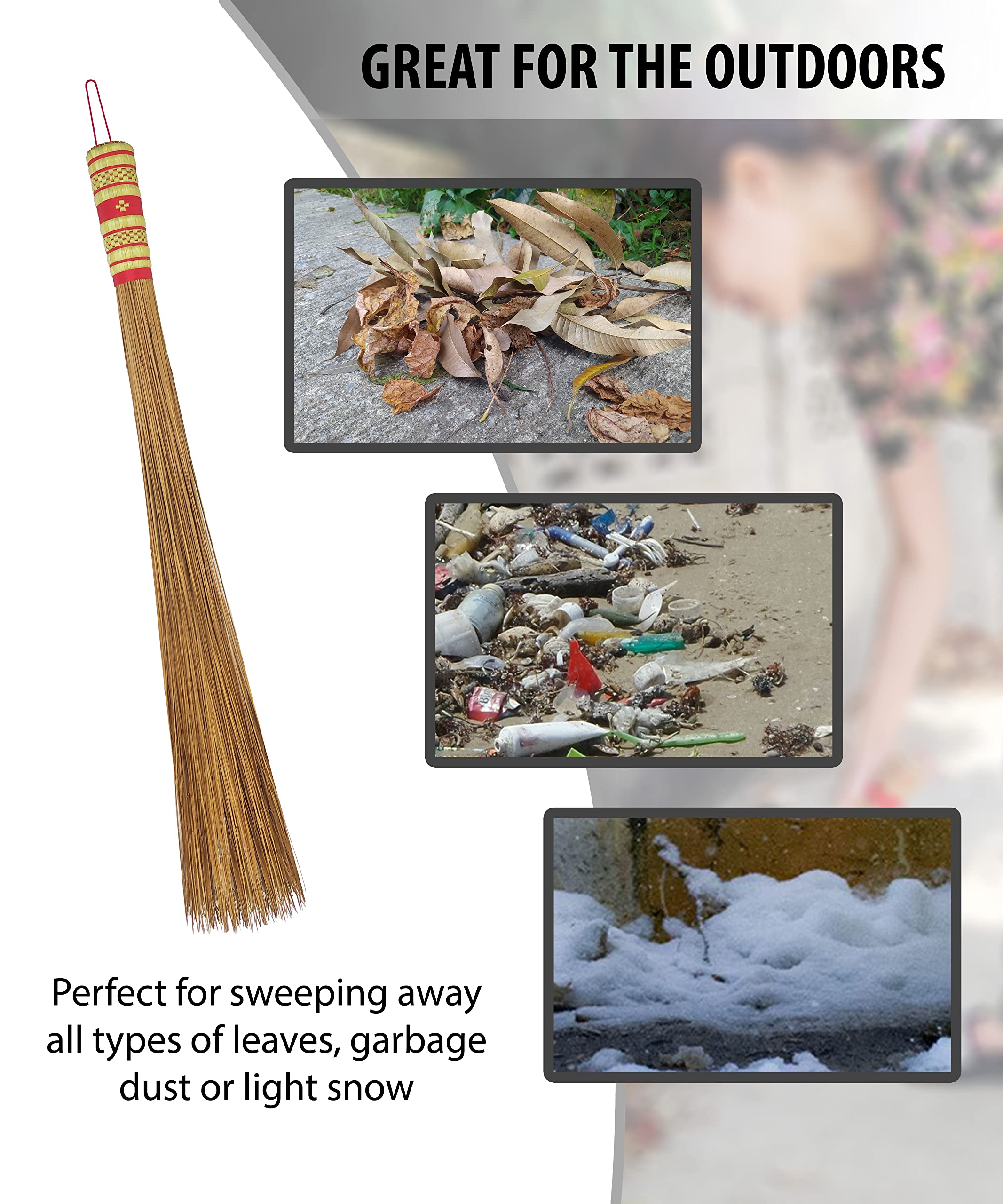1 Piece of 32 inch Multi-Surface Sturdy Outdoor Authentic Coconut Leaf Broom Asian Heavy Duty Broom Thai Natural Coconut Leaf Broom (Country Rustic)