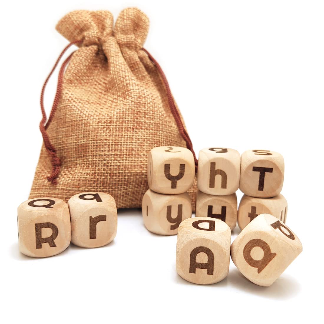 10 Pcs/Set 20MM Creative Wooden English Letter Dice Set, Including 26 Capital & 26 Lowercase Letters Engraved On Different Dices