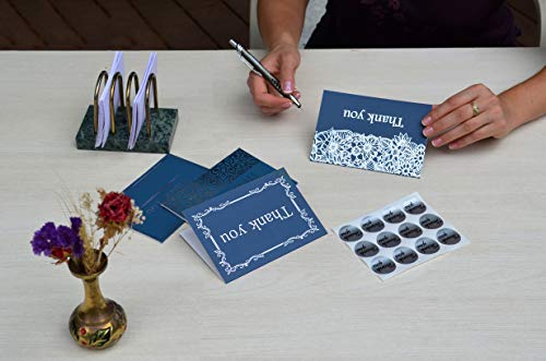 120 Thank You Cards in Navy Blue with Envelopes & Stickers - Elegant 6 Designs Bulk Notes Embossed with Silver Foil Letters for Wedding, Formal, Business, Graduation, Funeral 4x6 Inch Thick Card Stock