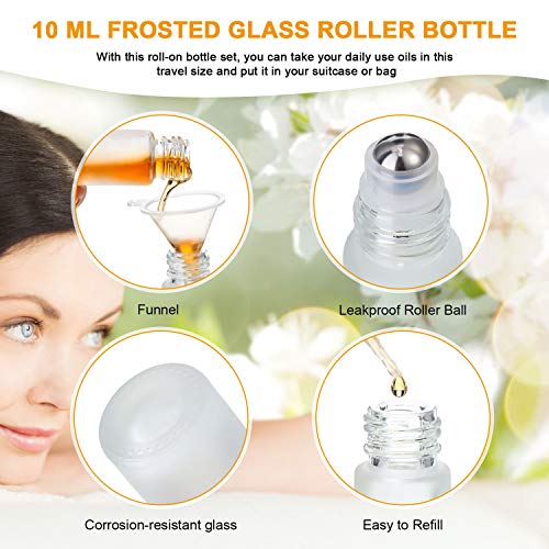 10 Piece Frosted Glass Roller Bottle Bulk with Imitation Wood Grain Plastic Cap for Essential Oils Roll-on Bottle with Stainless Steel Roller Ball, 10 Piece Plastic Pipette and 2 Piece Funnel (5ml)