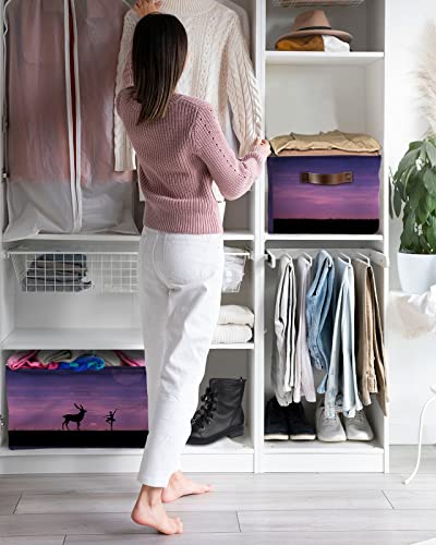 1 Pack Forest Deer Cube Storage Organizer Bins with Handles,Collapsible Canvas Cloth Fabric Storage Basket,Wild Purple Starry Sky Sunset Dancing Women Books Kids' Toys Bin Boxes for Shelves,Closet