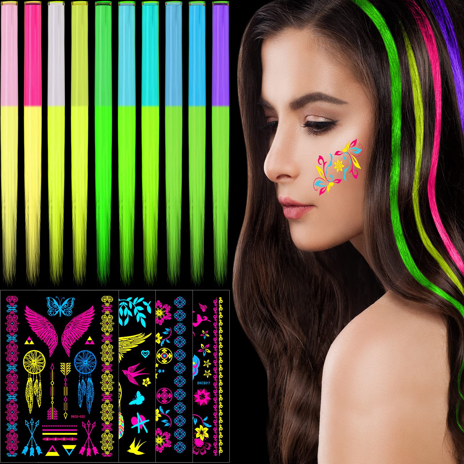 10 Pcs Glow in The Dark Hair Extensions Clips 4 Sheets Glow in The Dark Tattoos Colored Hair Extensions and Neon Temporary Face Tattoos Hair Accessories and Tattoos for Halloween for Women Kids Girls