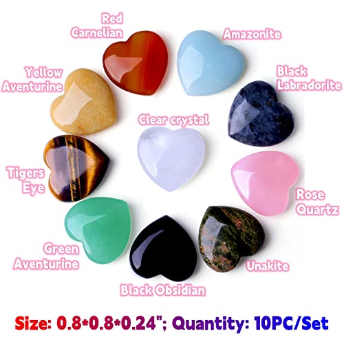 10 PCS Heart Crystals Stones Healing Crystal Palm Natural Polished Love Shaped Gemstones Rose Quartz Amethyst Assorted Set Bulk Wholesale Reiki Energy Balancing Meditation Gift
